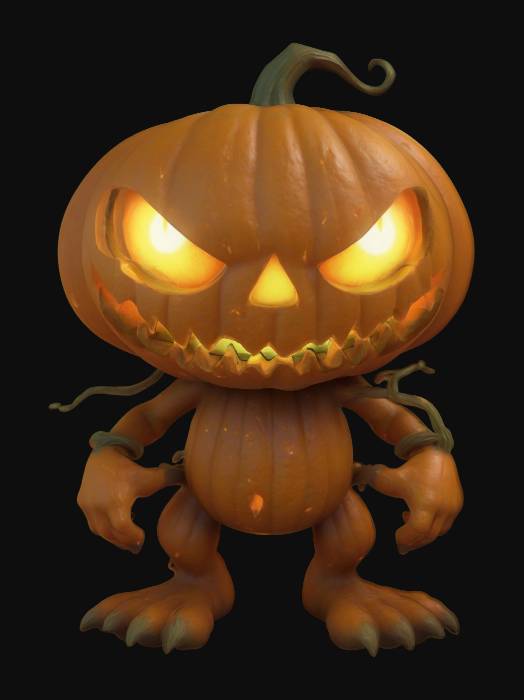 "#warm tone#, A cute chibi pumpkin-headed monster,Its glowing, jagged ...
